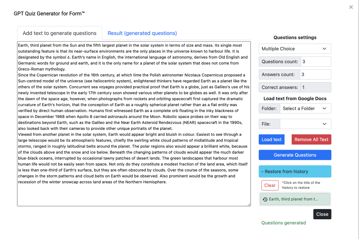 Chat GPT Form Quiz Generator, ChartGPT 3.5 turbo, ChatGPT 4
