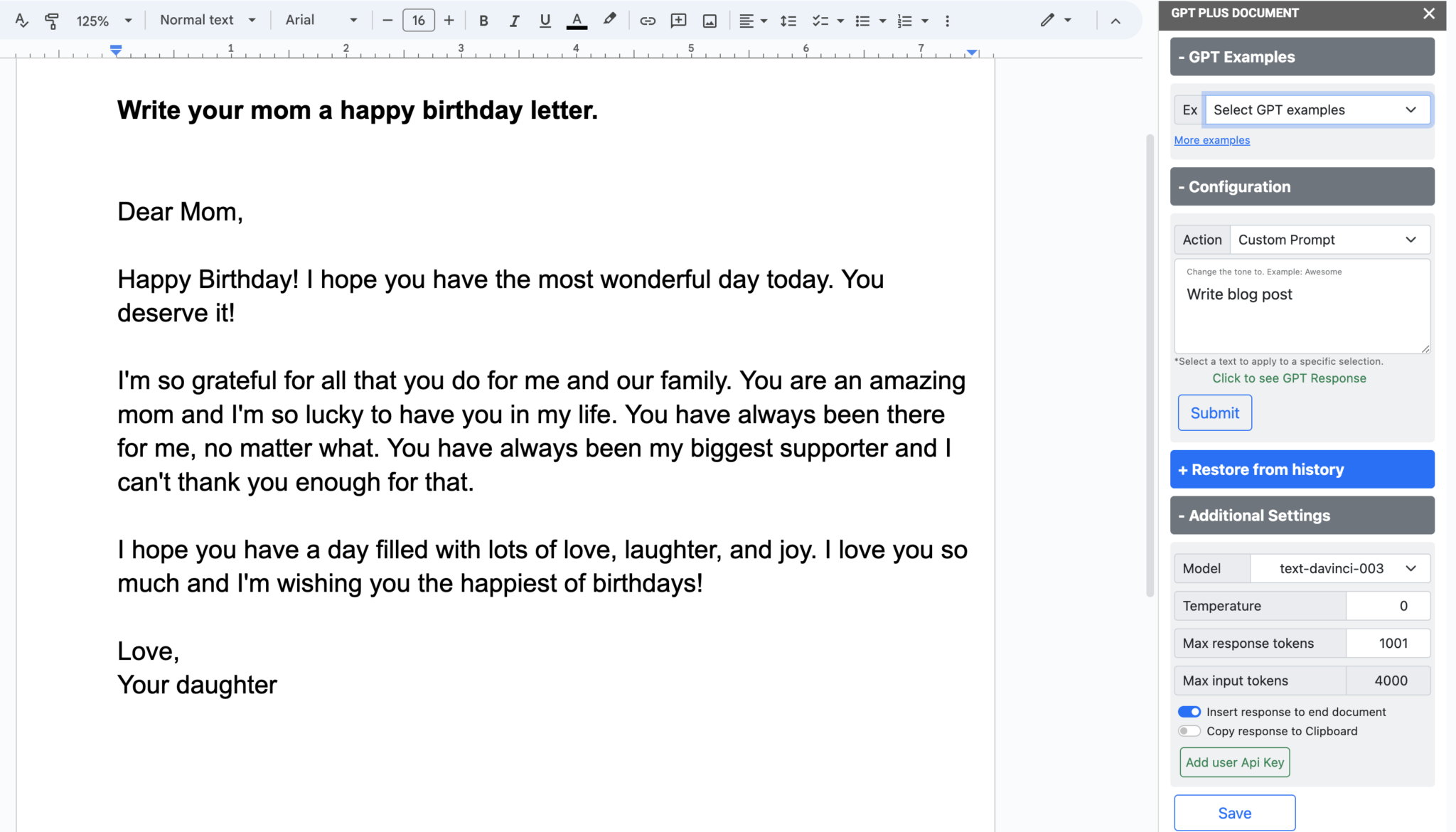 GPT plus Google Docs™, ChatGPT 3.5 turbo, ChatGPT 4, DALL E