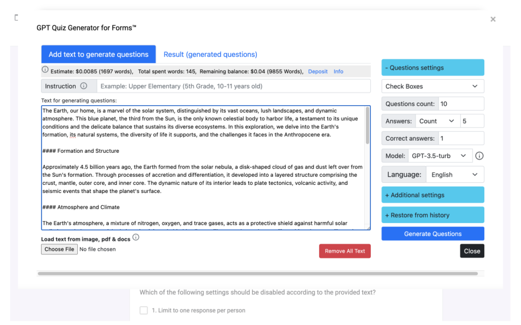 Ai Form Quiz Generator, ChartGPT 4o mini, GPT 4o